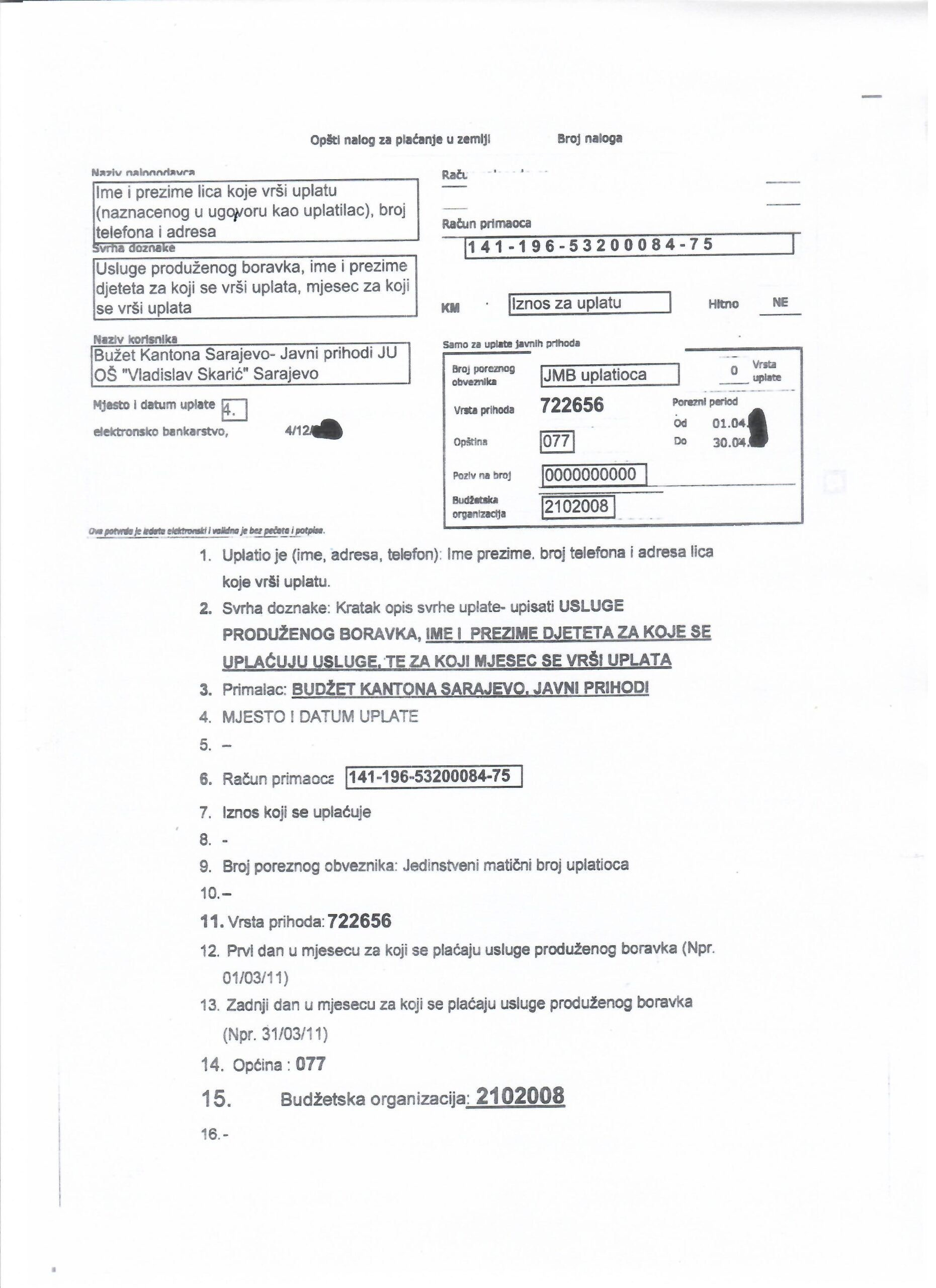 Produženi boravak – primjer uplatnice za plaćanje usluge - JU OŠ ...